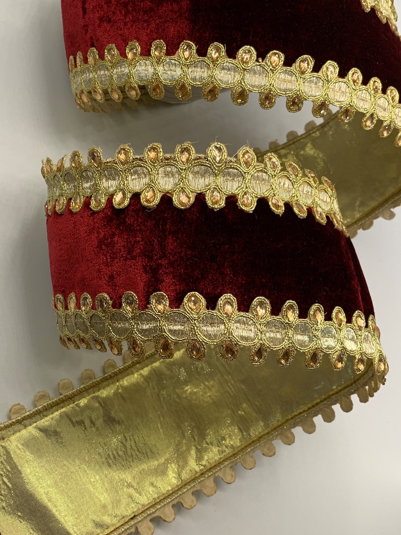 4 Burgundy Velvet Ribbon Gold Embroidered and Jeweled - Etsy