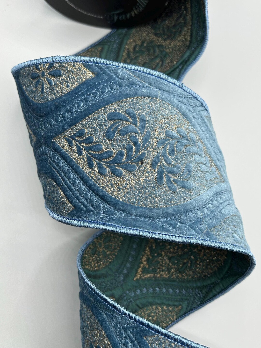 4" Steel Blue Laurel Tapestry Ribbon ~ Gold Stitching ~ Wired Edges ...