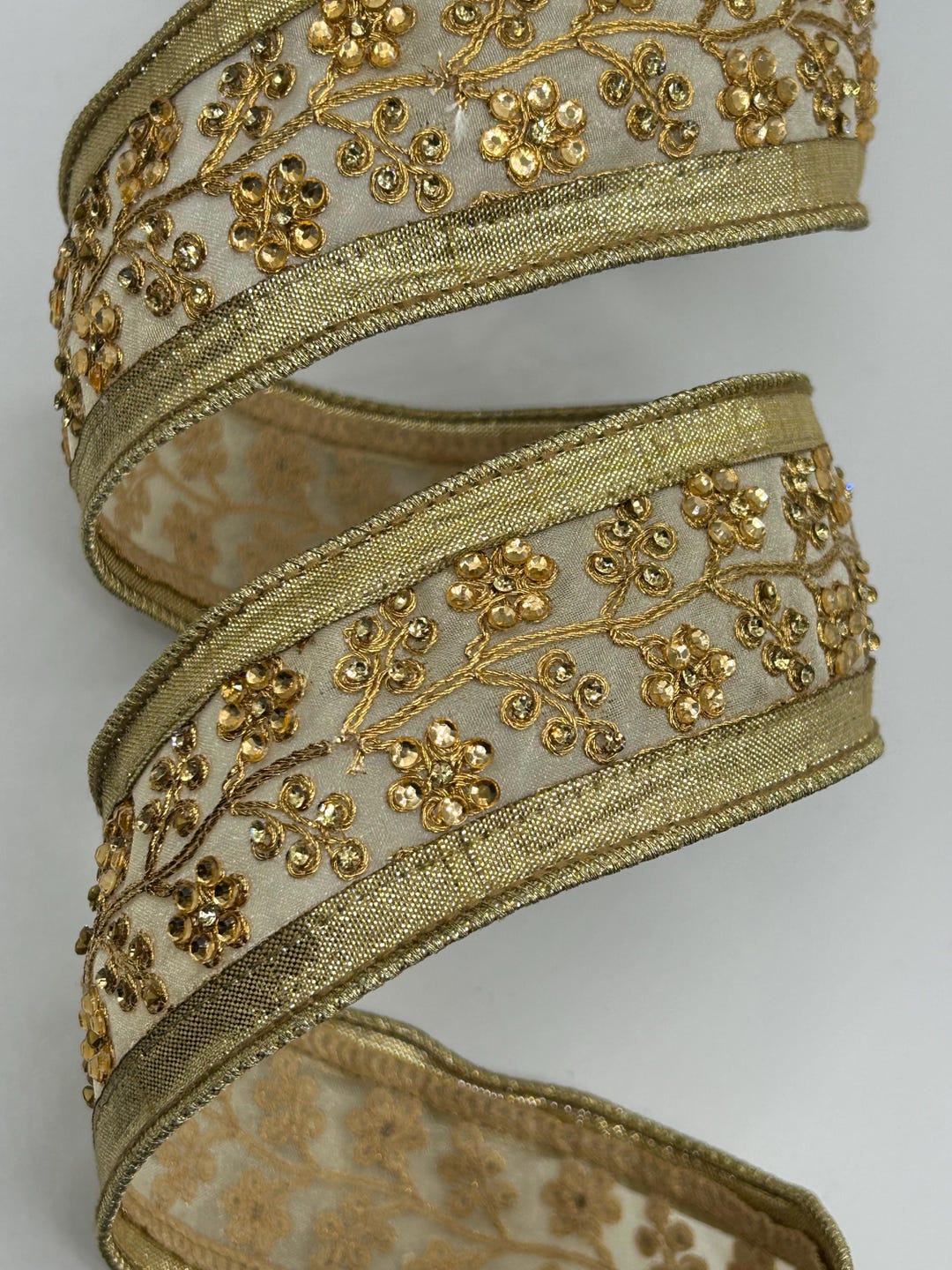 2" Sheer Gold Ribbon ~ Embroidered Vines ~ Gold Crystal Flowers ~ Wired ...
