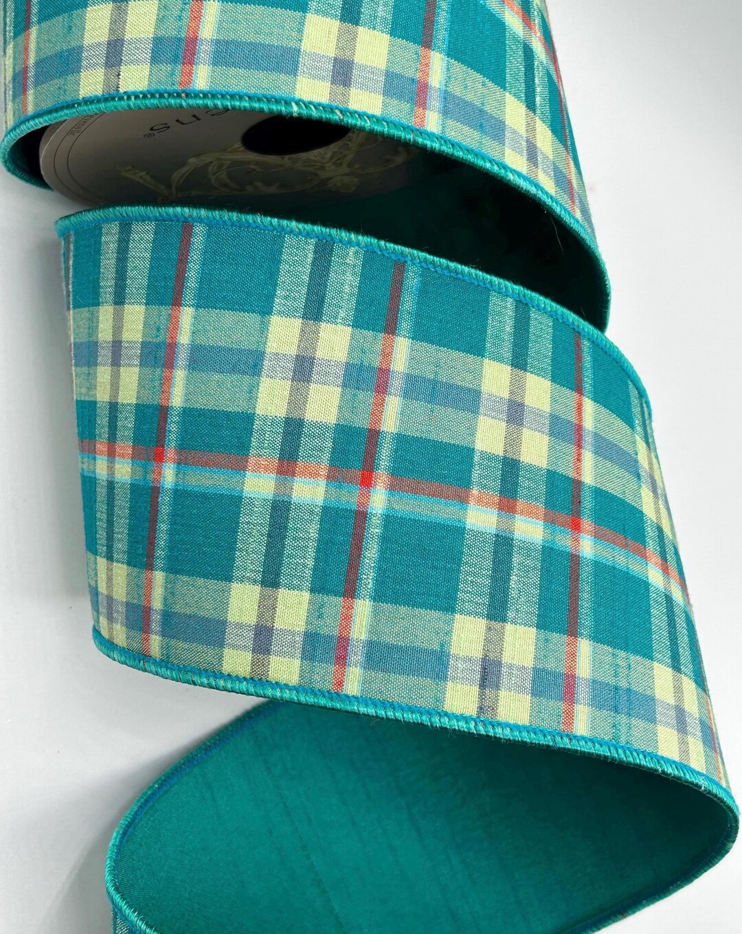 4" Turquoise Plaid Ribbon ~ Turquoise Back ~ Wired Edges ~ D Stevens ...