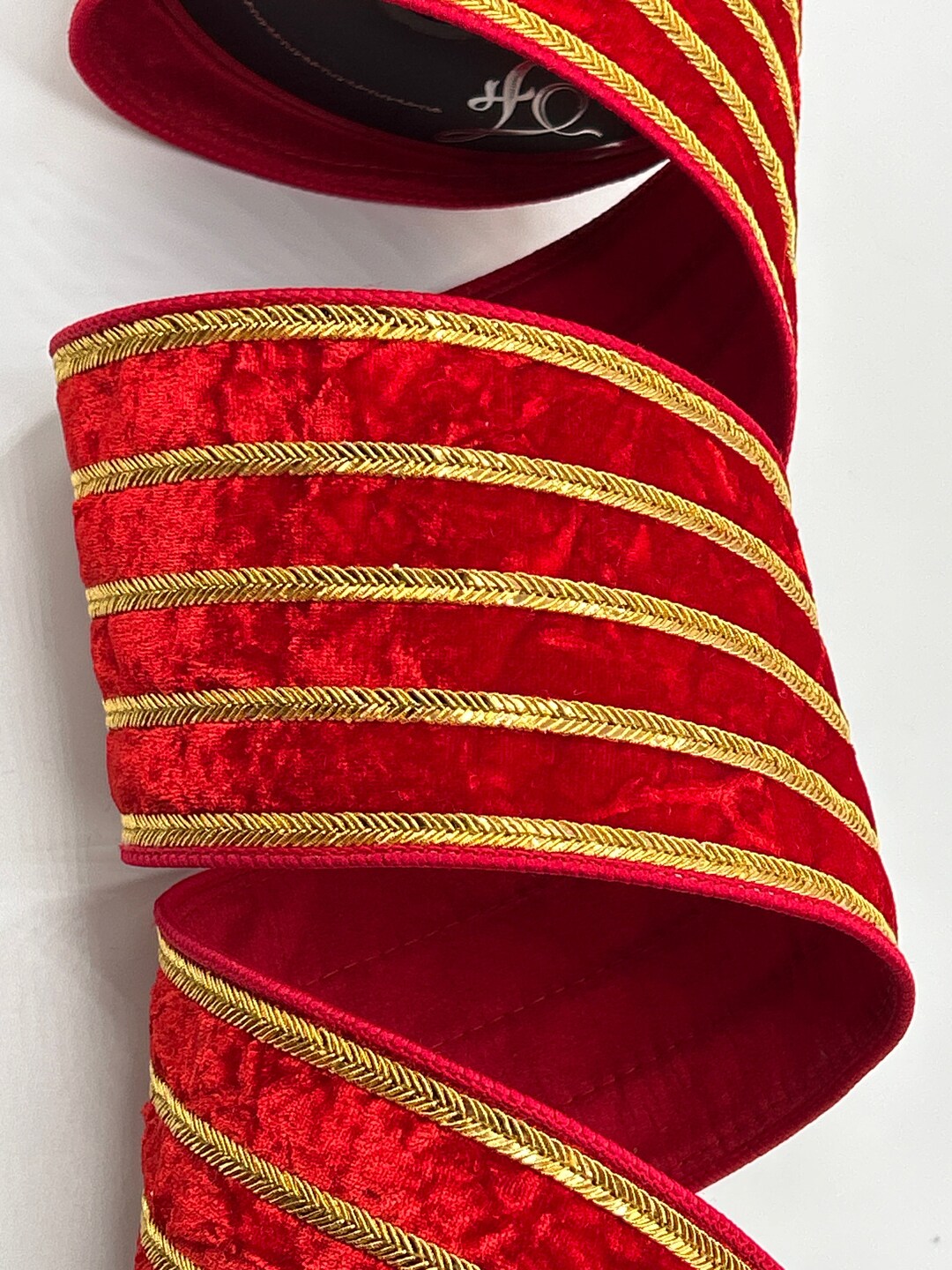 1.5" or 4" Red Velvet Ribbon ~ Gold Metallic Stripes ~ Wired Edges ...