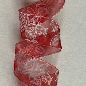 2.5 Sheer Red Ribbon White Roses Flowers Wired Edges 5 Yards - Etsy
