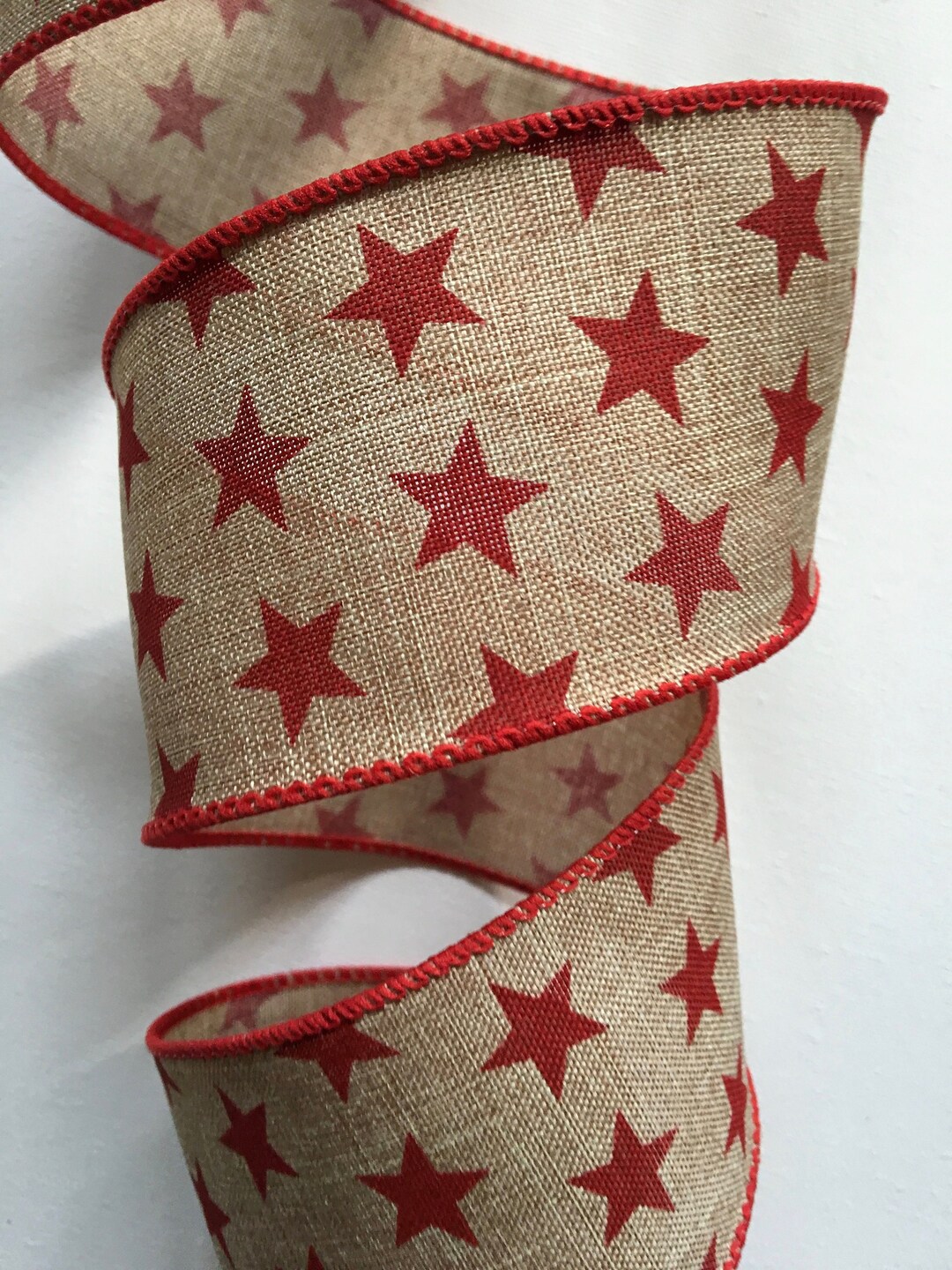 2.5" Linen Star Ribbon Natural Ribbon With Red Stars and Red Wired ...