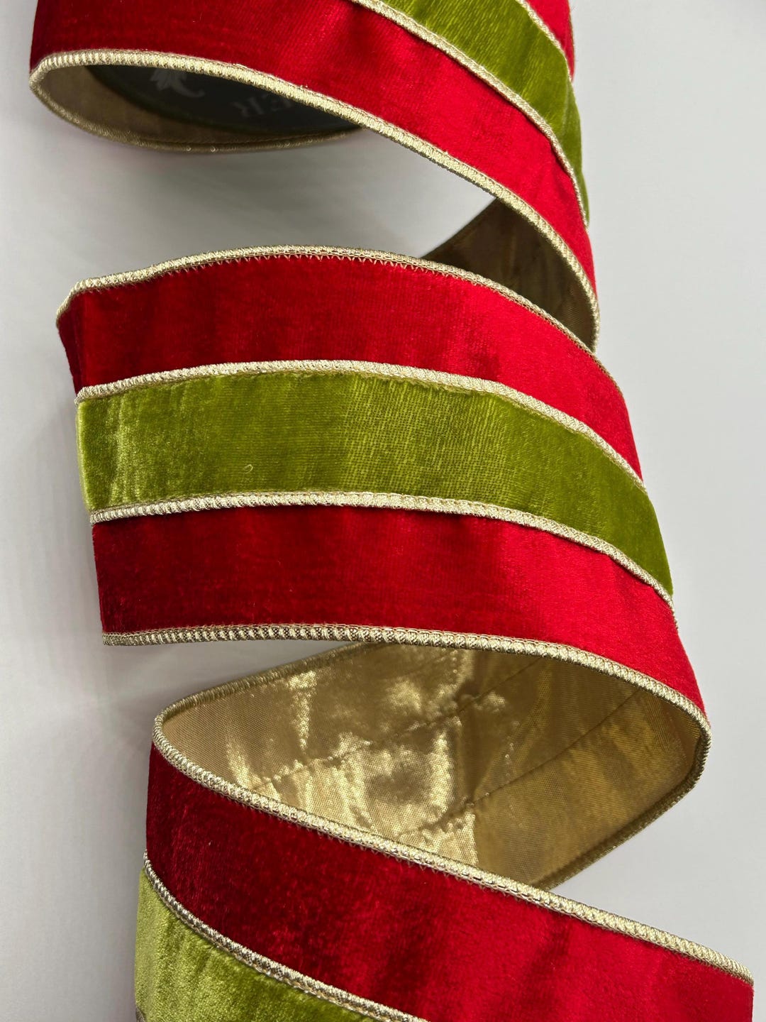 4" Red and Moss Velvet Ribbon ~ Overlay ~ Metallic Gold Back ~ Wired ...