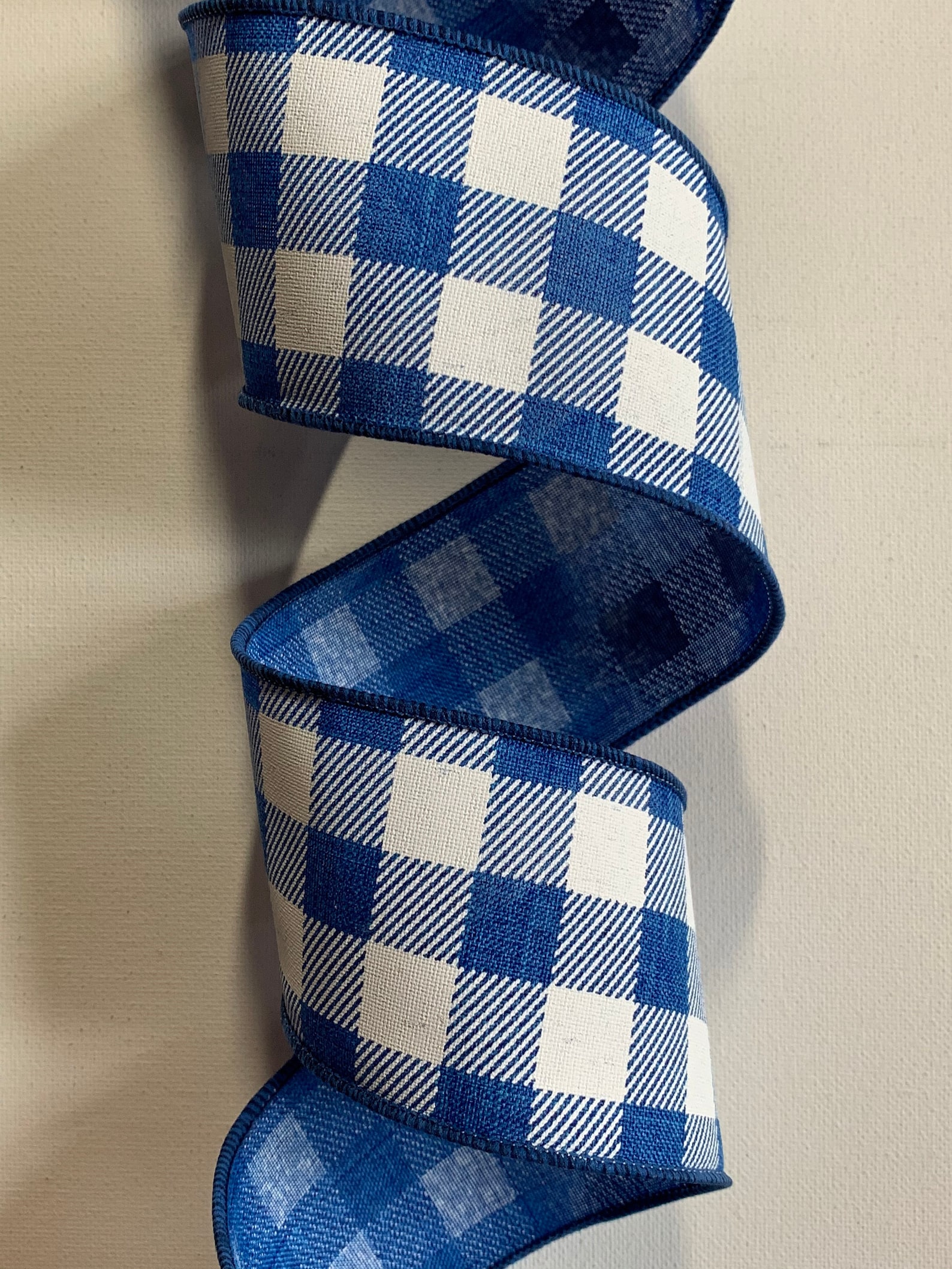 2.5 Royal Blue and White Check Linen Wired Ribbon | Etsy