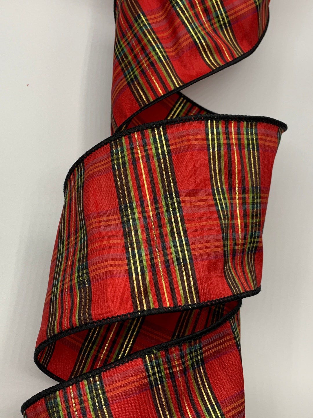 2.5 or 4 Red Plaid Ribbon Metallic Gold Edinburgh Wired Edges Luxury 10 ...