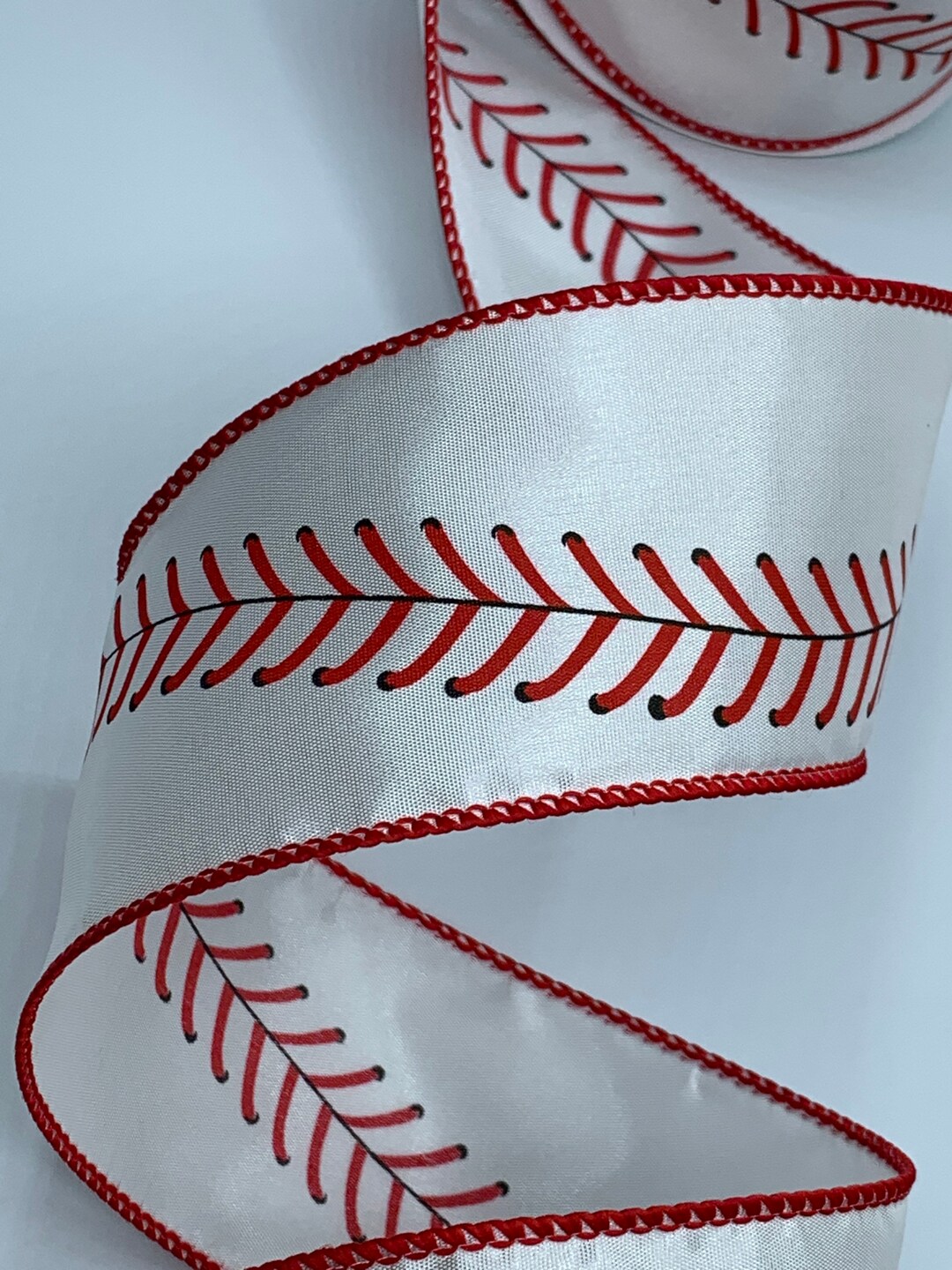 2.5" Baseball Ribbon ~ White Satin ~ Red Print Stitches ~ Wired Edges ...