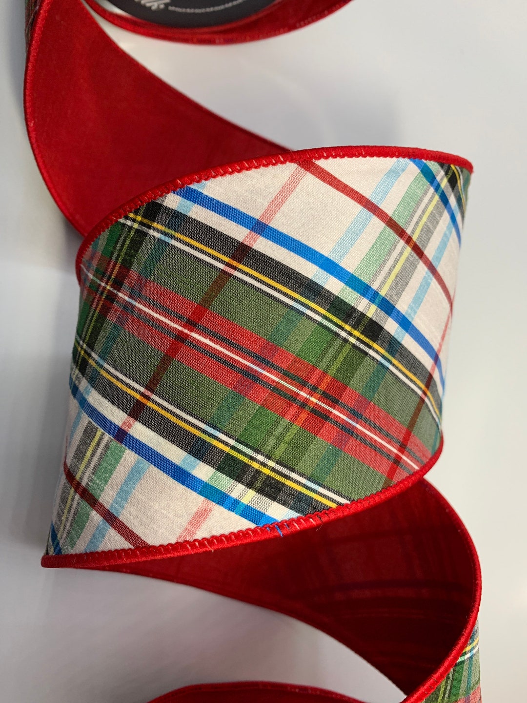 4 Diagonal Plaid Ribbon Multi Color Red Dupion Back Wired Edges ...
