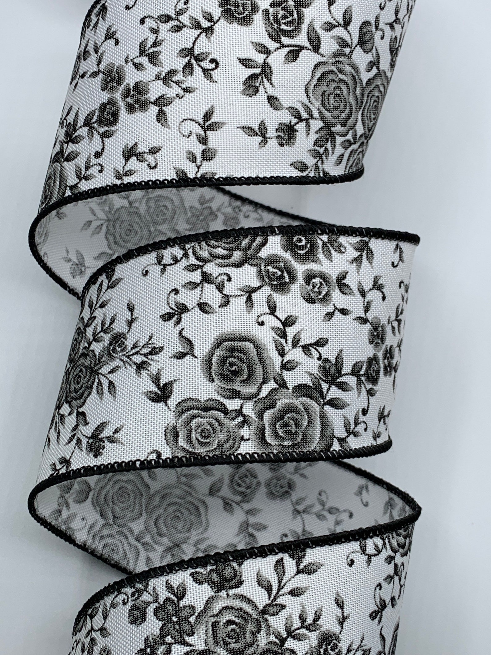 2.5 Black Roses on White Ribbon Wired Edges D | Etsy