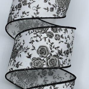 2.5" Black Roses on White Ribbon ~ Wired Edges ~ D Stevens ~ 10 Yard ...