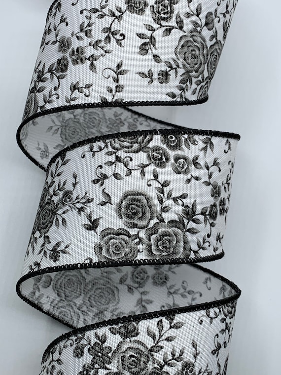 2.5 Black Roses on White Ribbon Wired Edges D | Etsy