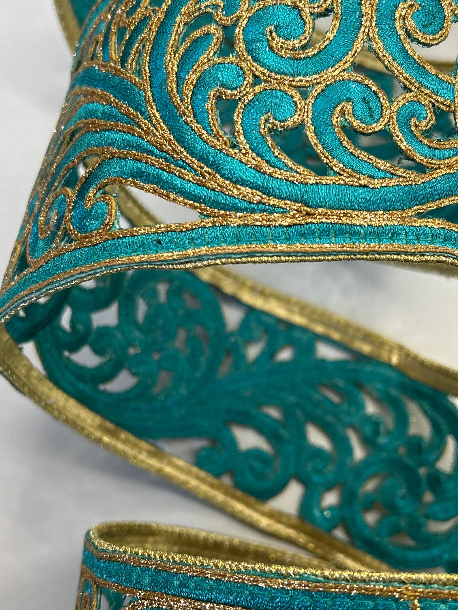 3 5 Teal Blue Gold Metallic Scroll Ribbon D Stevens Wired Edges