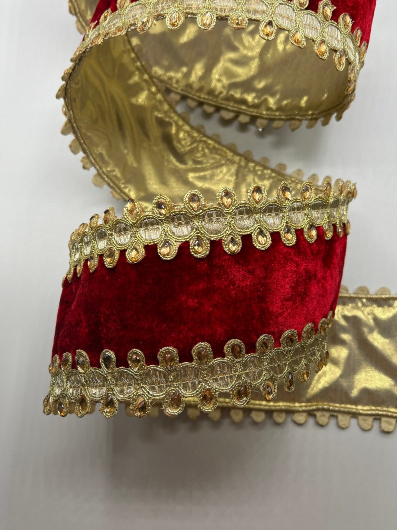 4 Red Velvet Ribbon Gold Embroidered and Jeweled Trim - Etsy