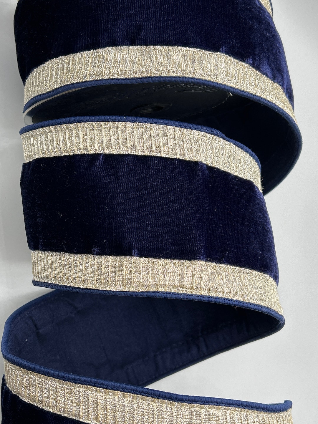 4" Navy Blue Velvet Ribbon ~ Platinum Pleated Borders ~ Navy Back ...