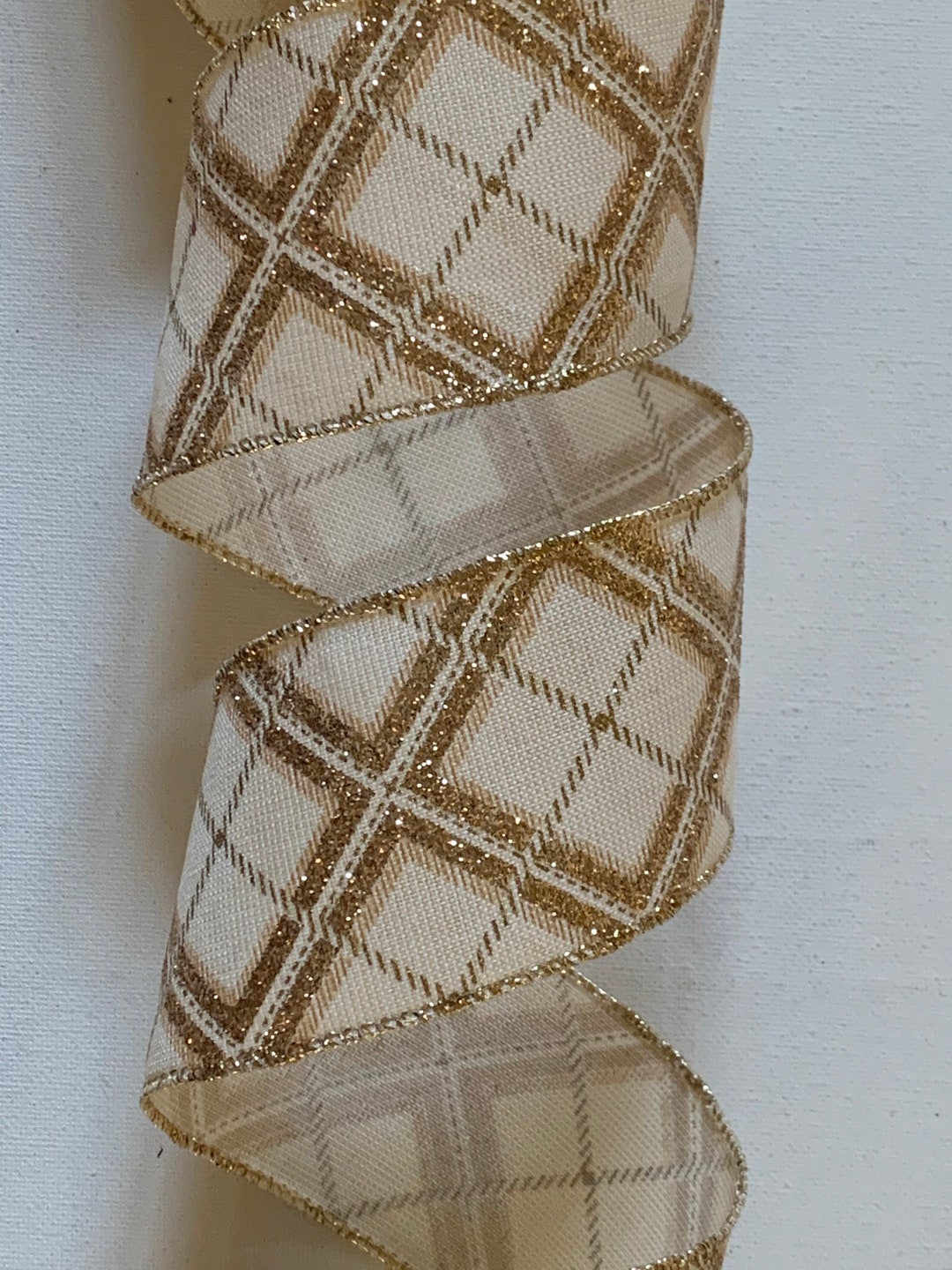 2.5" or 4" Ivory Linen Ribbon With Gold Glittered Diagonal Plaid ...