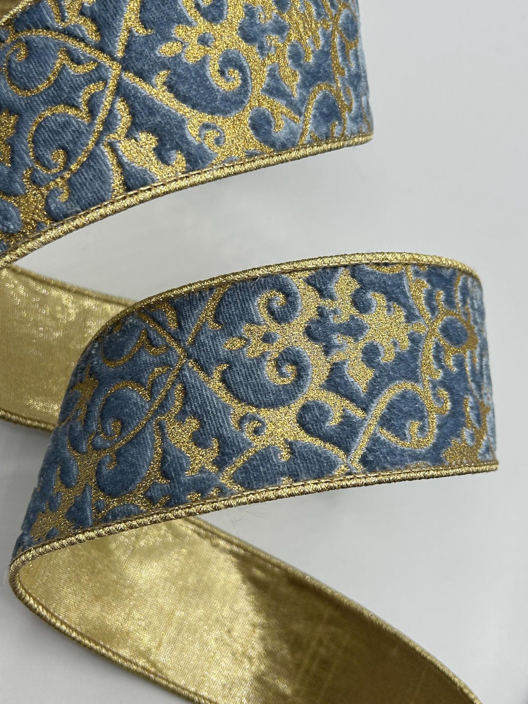2.5" Dusty Blue Velvet Ribbon ~ Gold Glittered Trellis ~ Metallic Gold ...