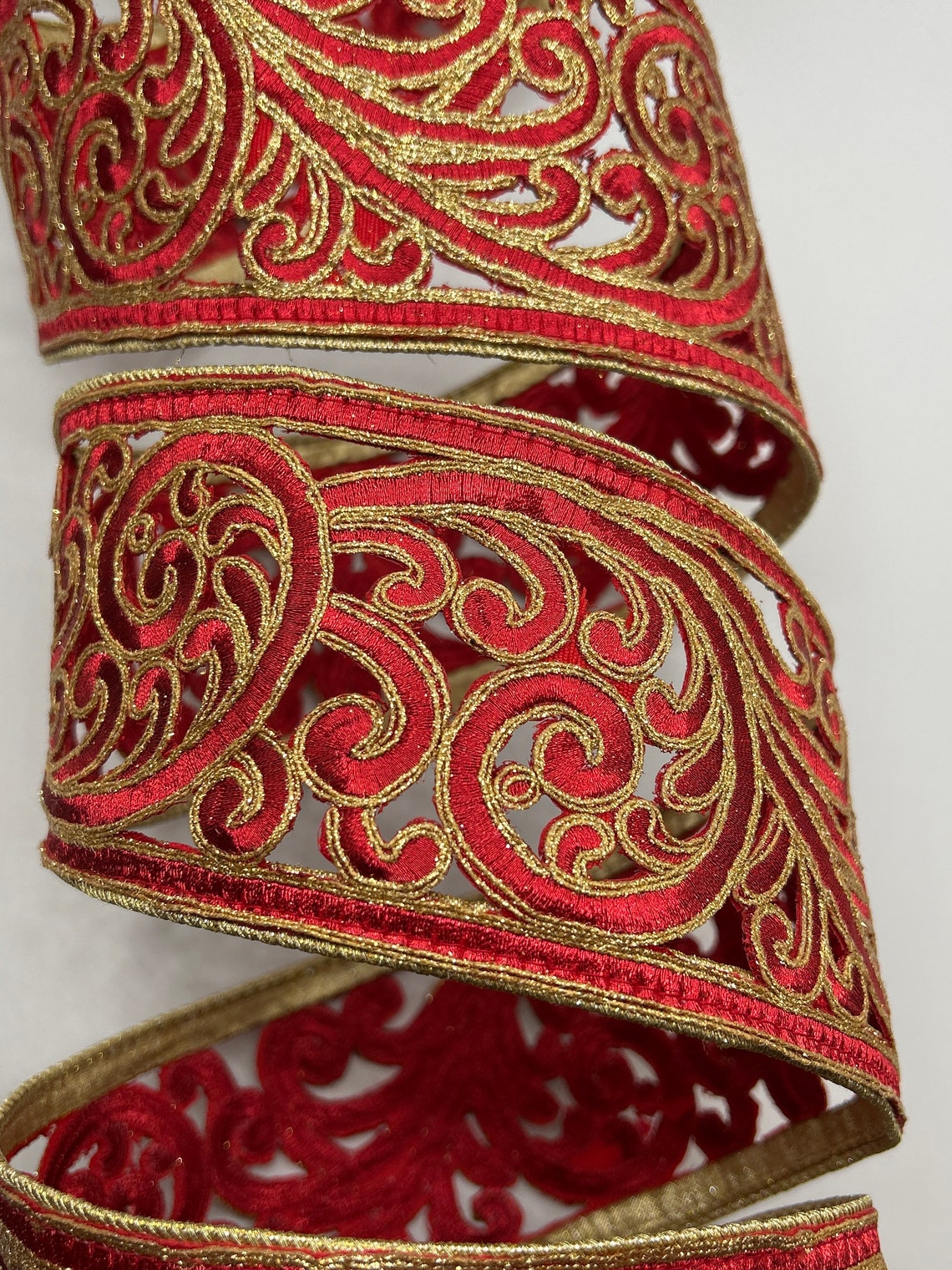 3.5 Red & Gold Metallic Scroll Ribbon D Stevens - Etsy
