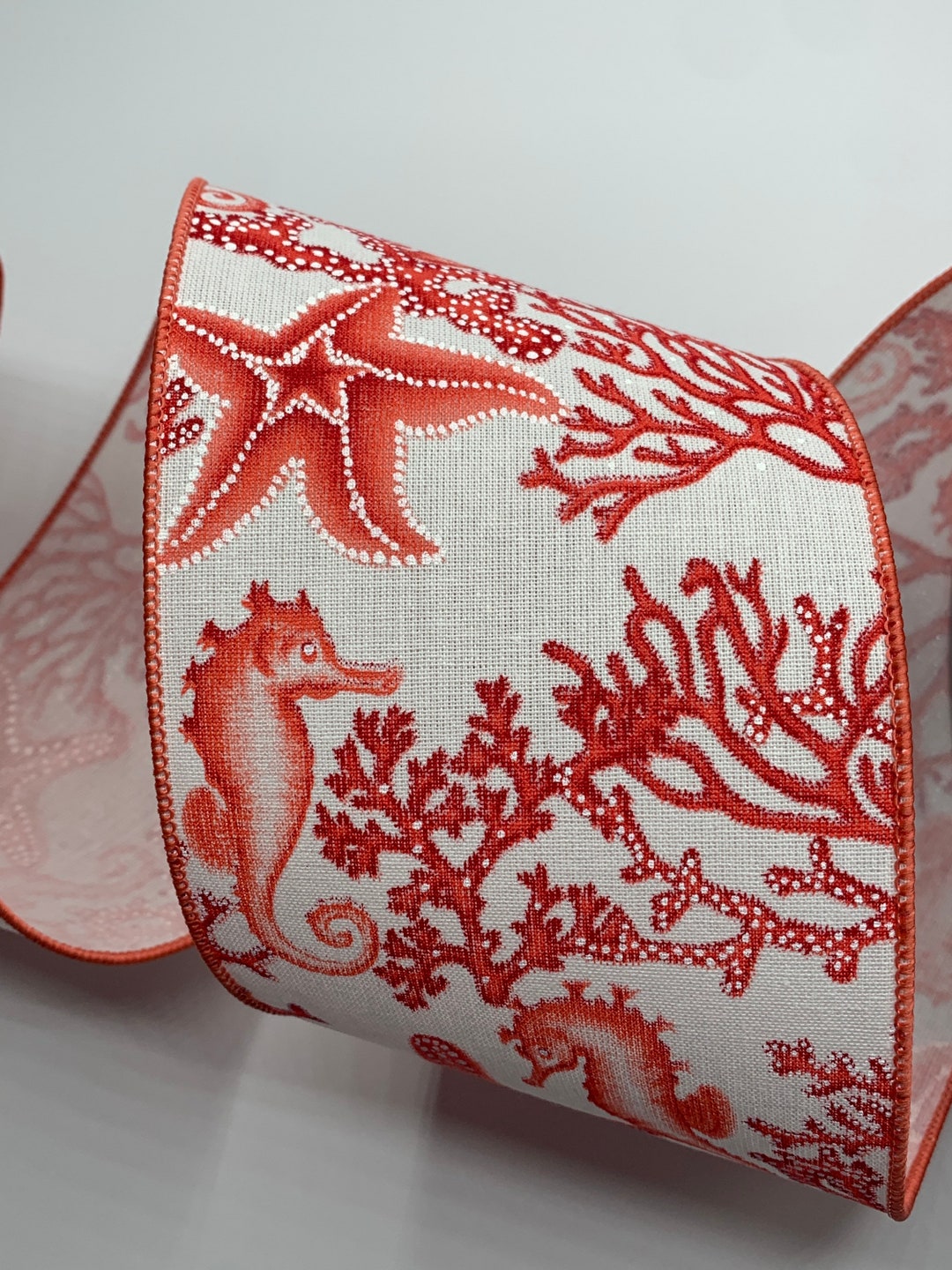 2.5” or 4" Coral Red Sea Life Ribbon ~ White ~ Sea Life ~ Coastal ...