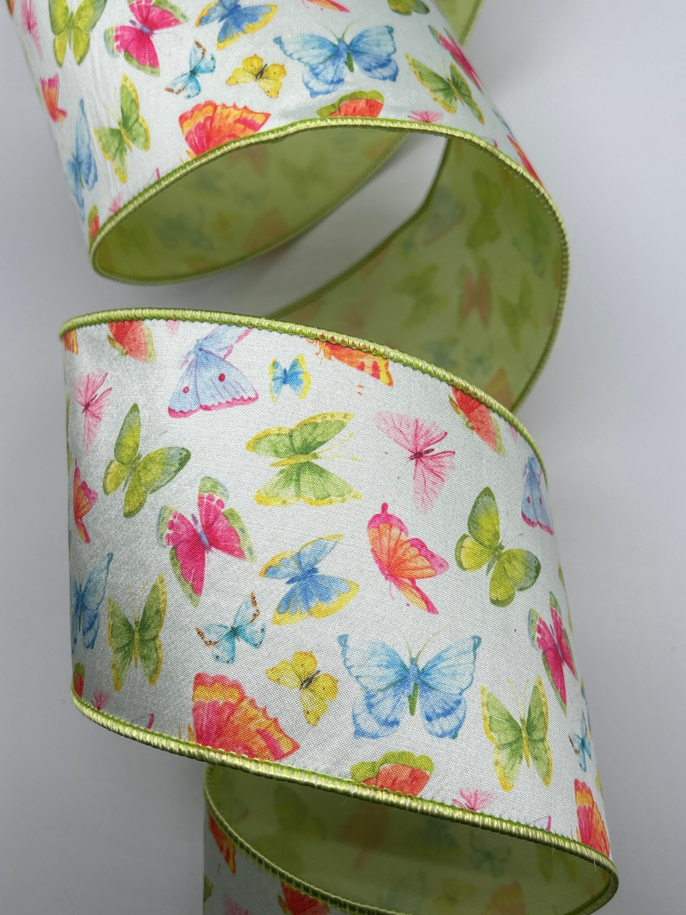 2.5" or 4" Spring Butterflies on White Ribbon ~ Wired Edges ~ Farrisilk ...