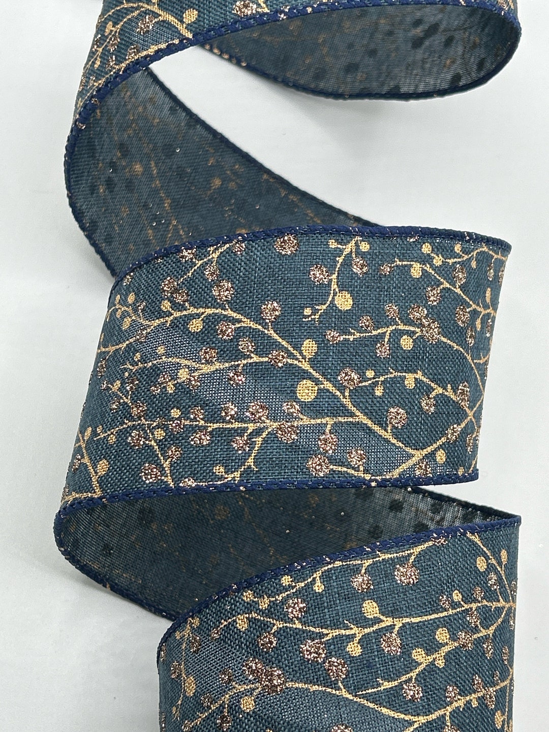 2.5" Dark Blue Linen Ribbon ~ Navy Blue ~ Gold Vines and Glittered ...