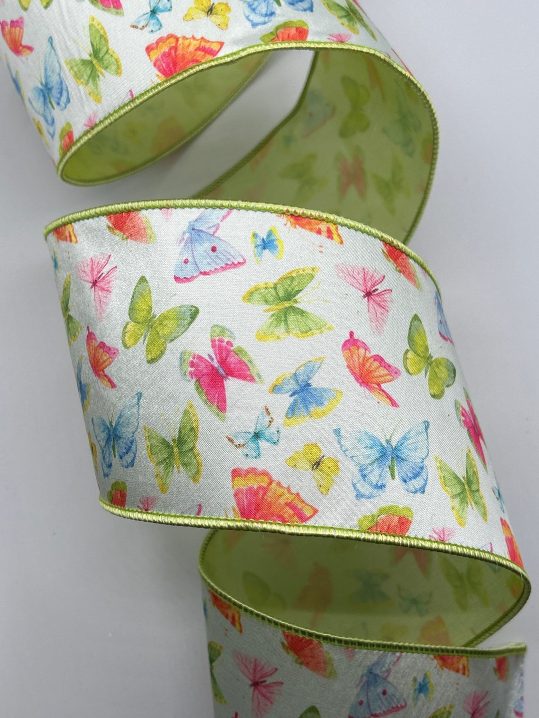 2.5" or 4" Spring Butterflies on White Ribbon ~ Wired Edges ~ Farrisilk ...