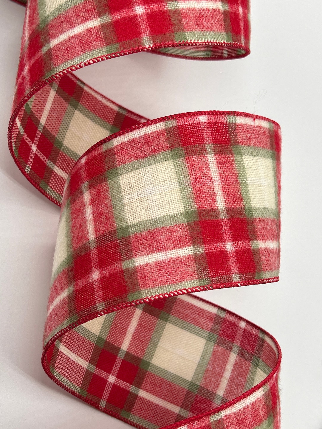 2.5" 4" Red Green Cream White Flannel Plaid Ribbon ~ Wired Edges ~ D ...