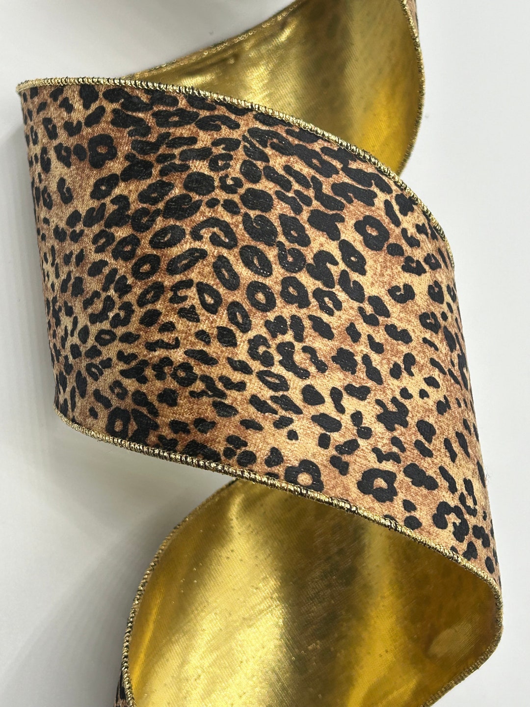 2.5" or 4" Leopard Ribbon ~ Gold Back ~ Textured ~ Wired Edges ...