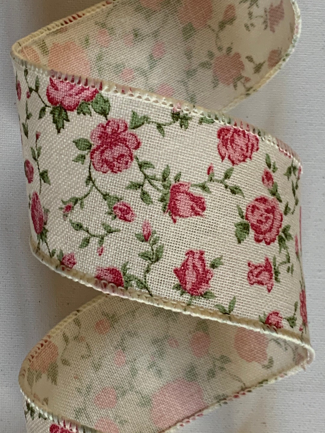 2.5" Victorian Rose Hopsack Wired Ribbon ~ Ivory ~ Pink Roses ~ Wired ...