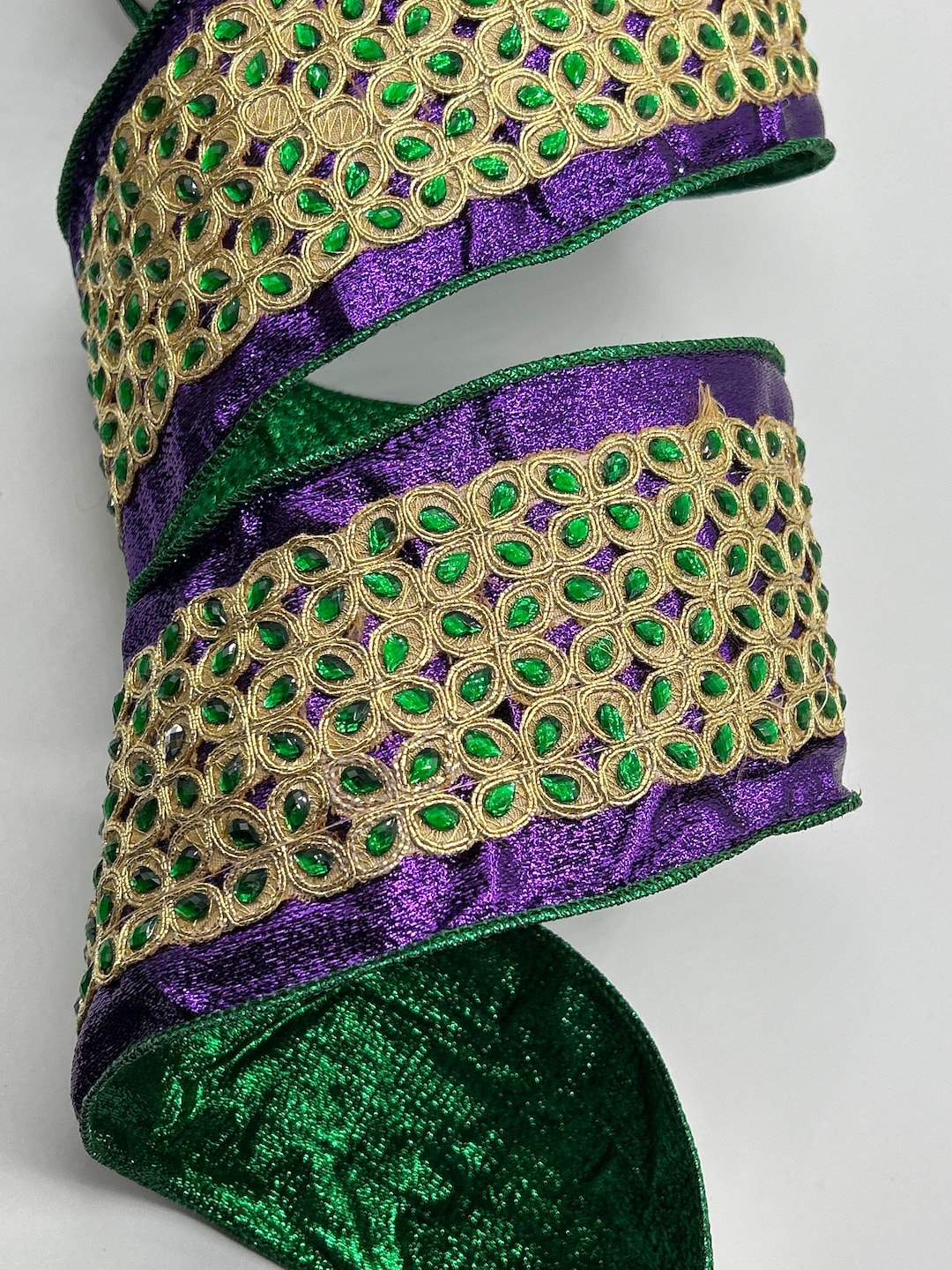 4" Metallic Purple Ribbon ~ Gold Embroidery ~ Green Jewels ~ Wired ...