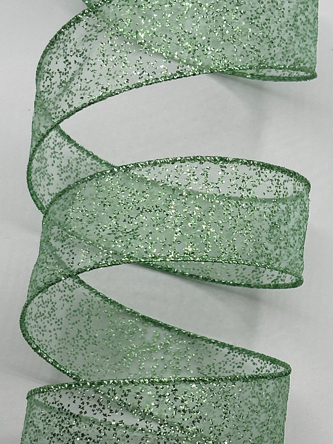 1.5" Sheer Green Ribbon ~ Lightly Glittered ~ Wired Edges ~ 10 Yards ...