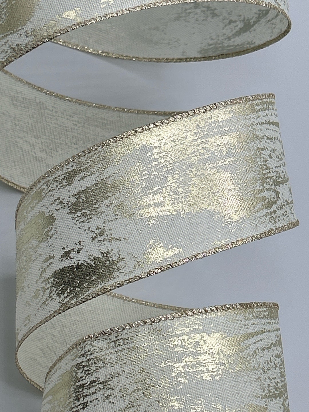 2.5 Ivory Linen Ribbon Metallic Gold Birch Bark Ribbon Wired Edges 10 ...