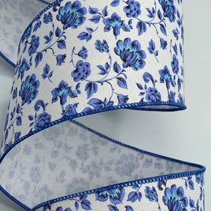 2.5" or 4" Dutch Porcelain Ribbon ~ Blue Flowers ~ White Ribbon ...