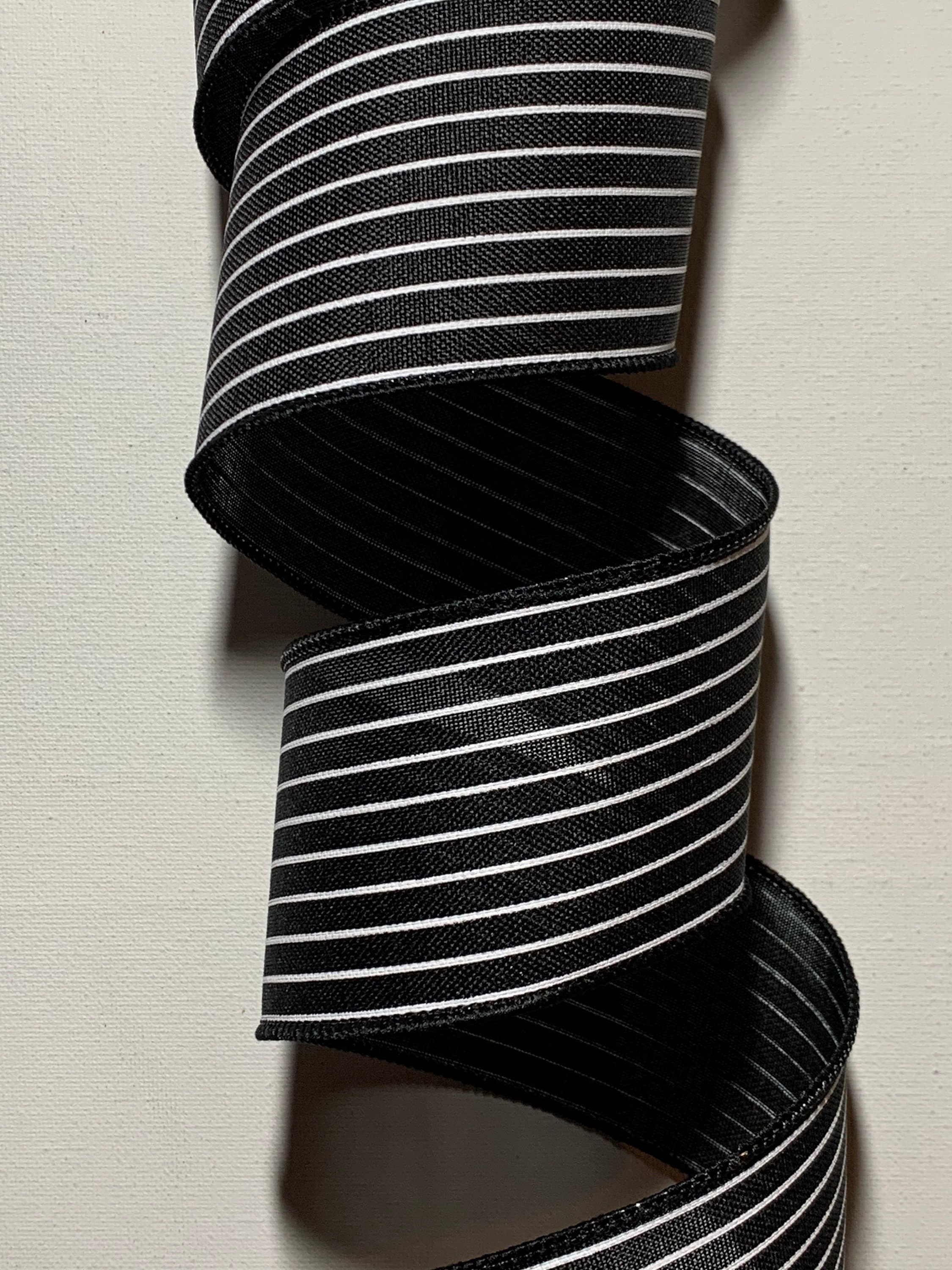 2.5 Black Linen Ribbon White Pin Stripes Wired Edges | Etsy