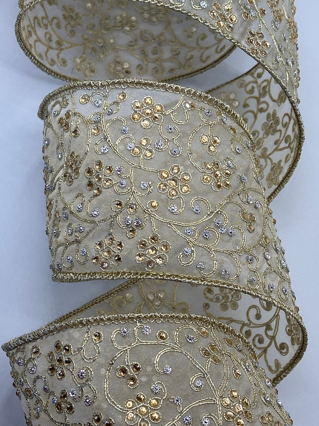 4" Gold Sheer Ribbon ~ Embroidered Vines Flowers ~ Jewels ~ Wired Edges ...