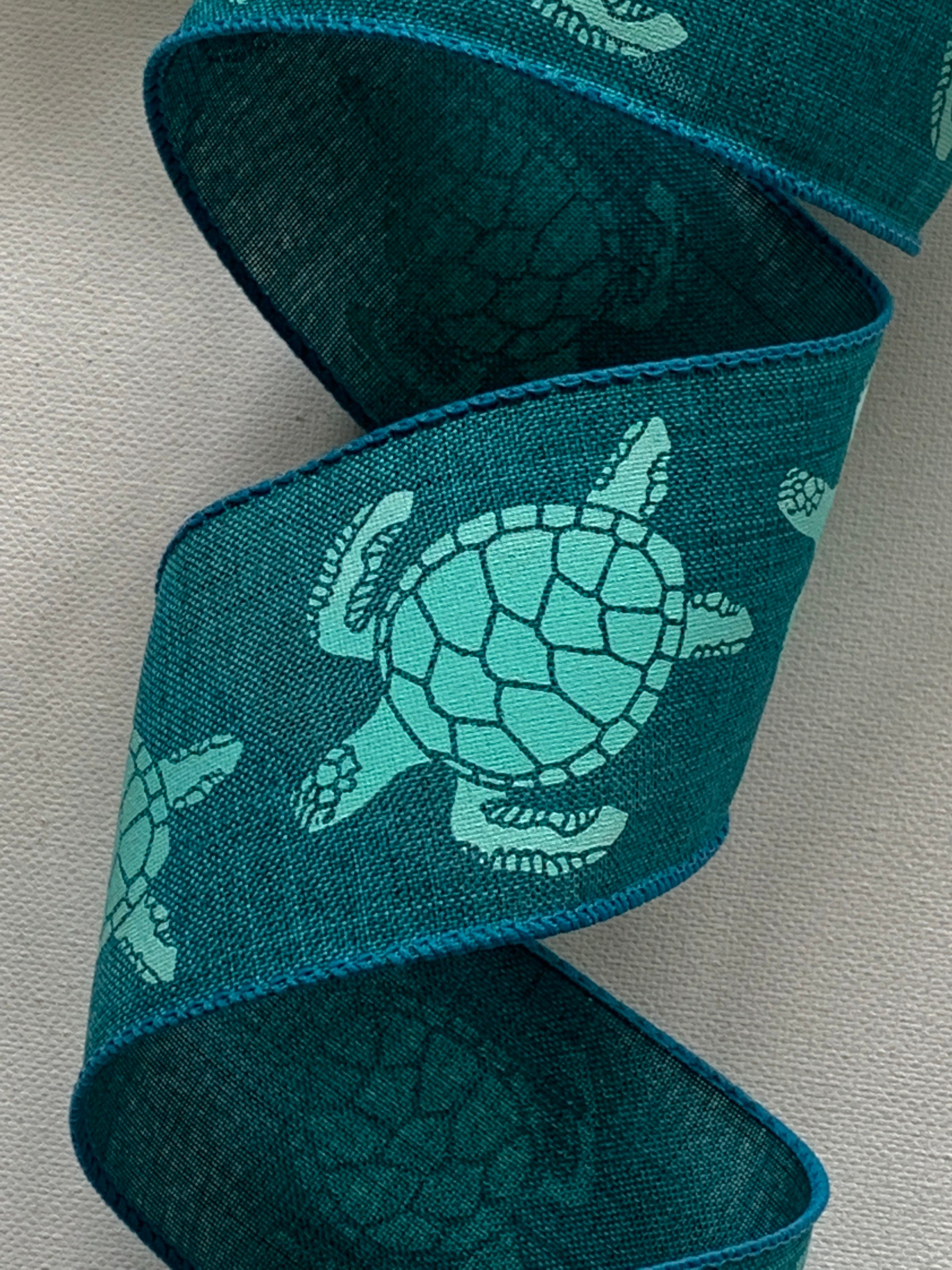 2.5 Aqua Sea Turtles Teal Linen Ribbon Wired Edges | Etsy