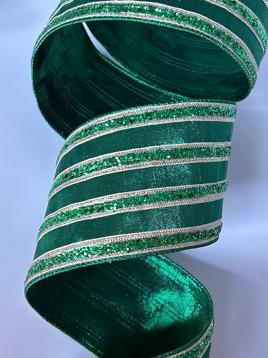 4" Emerald Green Metallic Dupion Ribbon ~ Chunky Glitter Stripes ...