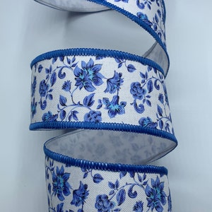 2.5" or 4" Dutch Porcelain Ribbon ~ Blue Flowers ~ White Ribbon ...
