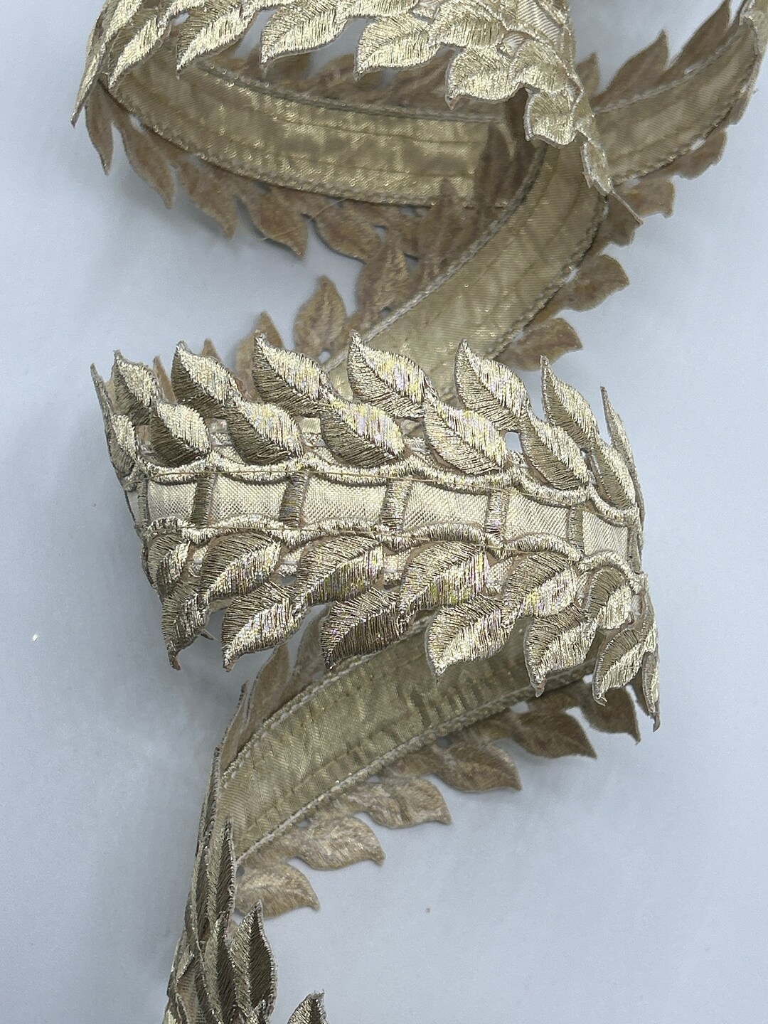 2.5" Metallic Champagne Gold Ribbon ~ Embroidered Leaves ~ Wired ~ D ...