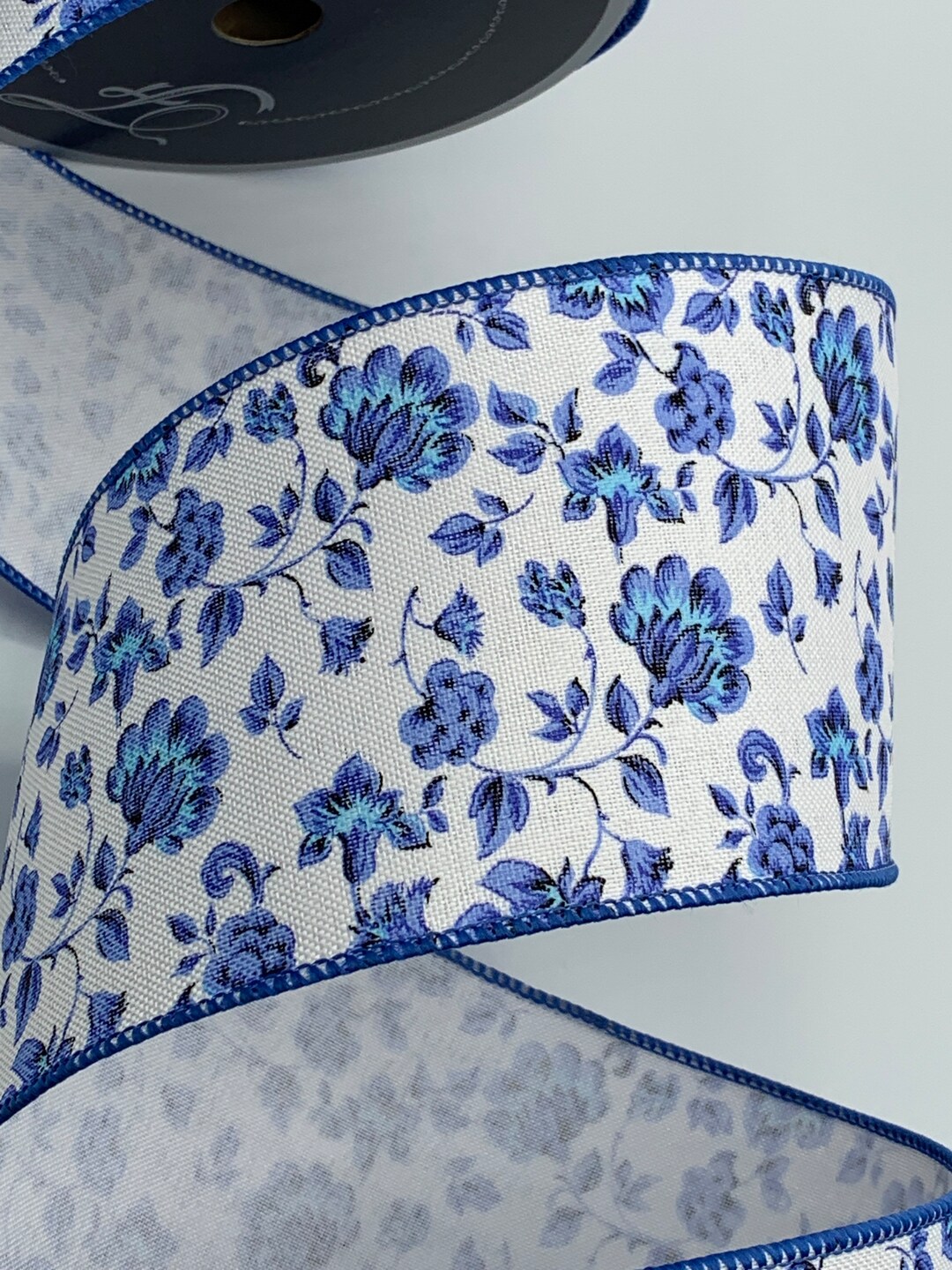 2.5" or 4" Dutch Porcelain Ribbon ~ Blue Flowers ~ White Ribbon ...