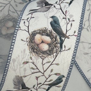 2.5" Birds and Nests on off White Ribbon ~ Slate Blue Wired Edges ~ 10 ...