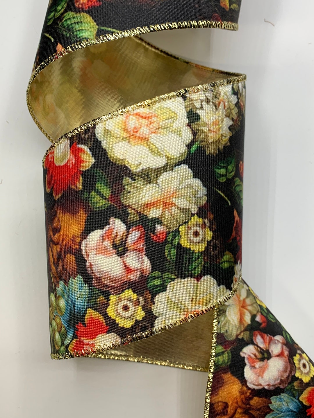 4 Taffeta Dutch Masters Print Ribbon Black Multi Color Gold Back Wired ...