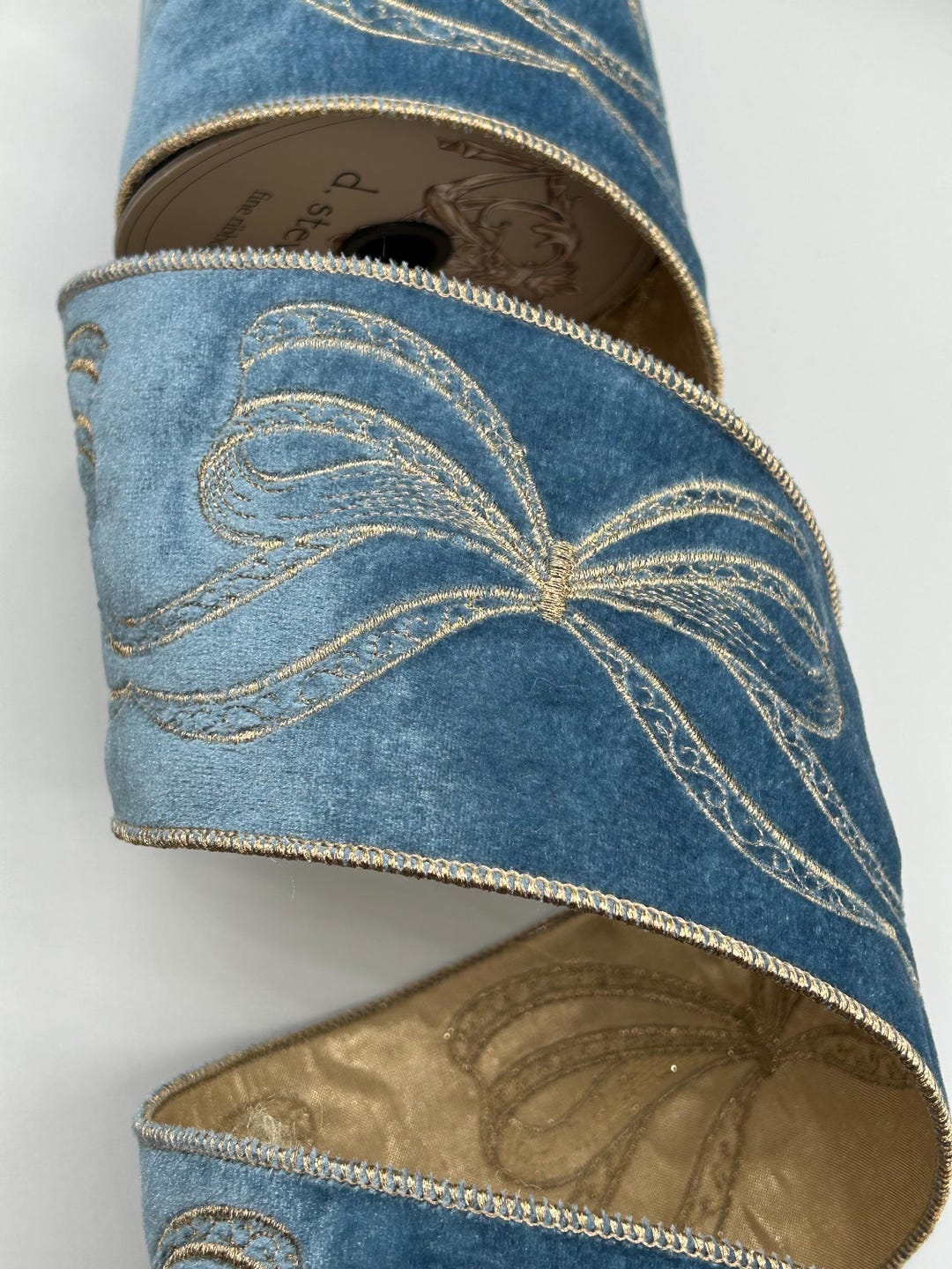4" Dusty Blue Velvet Ribbon ~ Gold Embroidered Bows ~ Gold Back ~ Wired ...