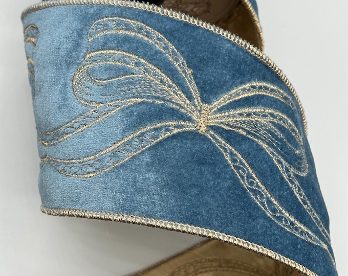 4" Dusty Blue Velvet Ribbon ~ Gold Embroidered Bows ~ Gold Back ~ Wired ...