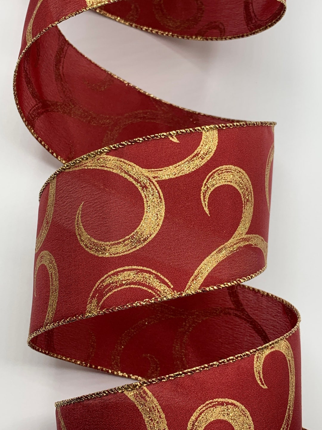 2.5" Scarlet Red and Gold Ribbon ~ Glittered Swirls ~ Wired Edges ~ 10 ...