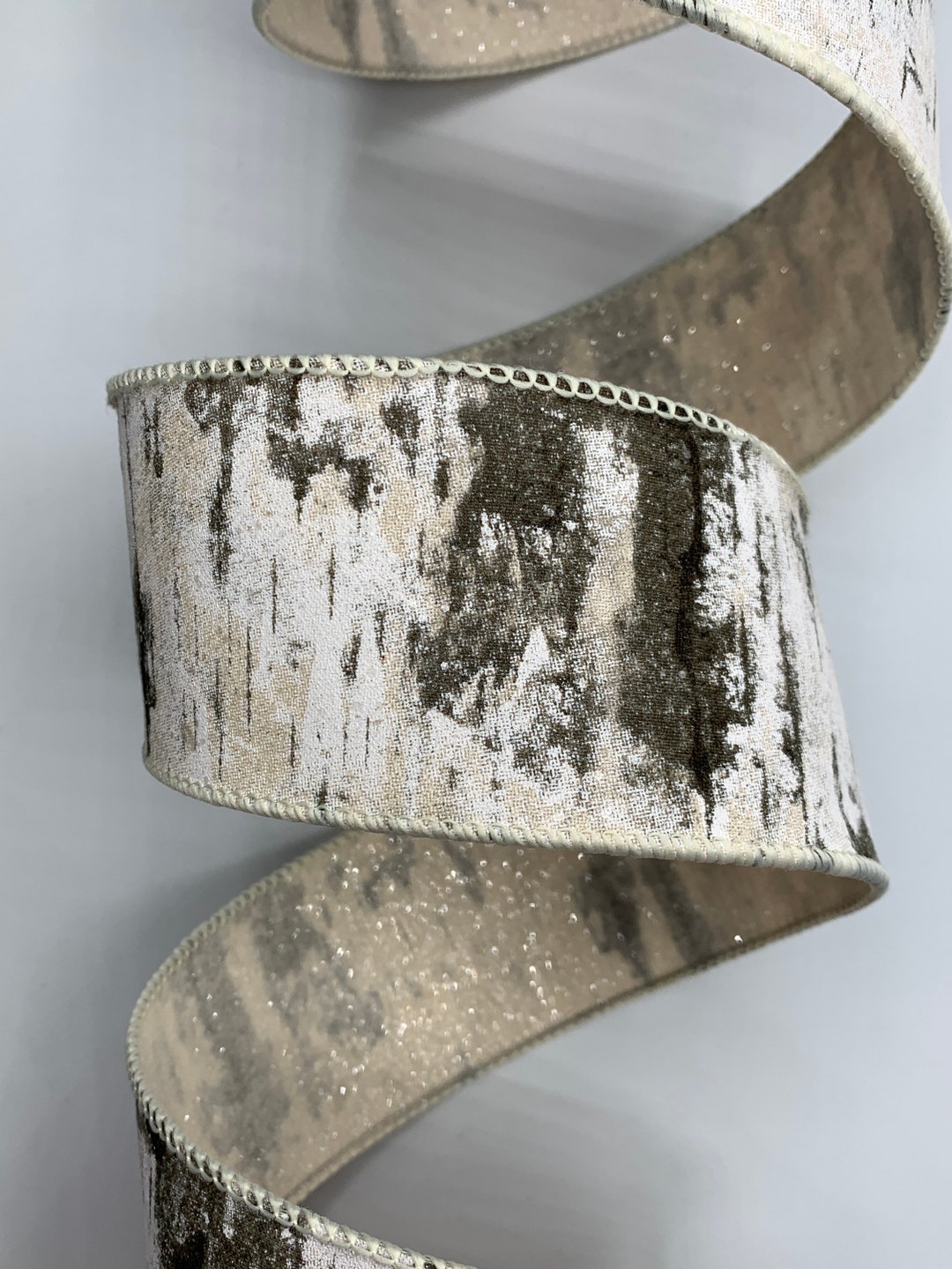 2.5" Birch Bark Ribbon ~ Glittered Back ~ Farrisilk ~ Wired Edges ~ 10 ...