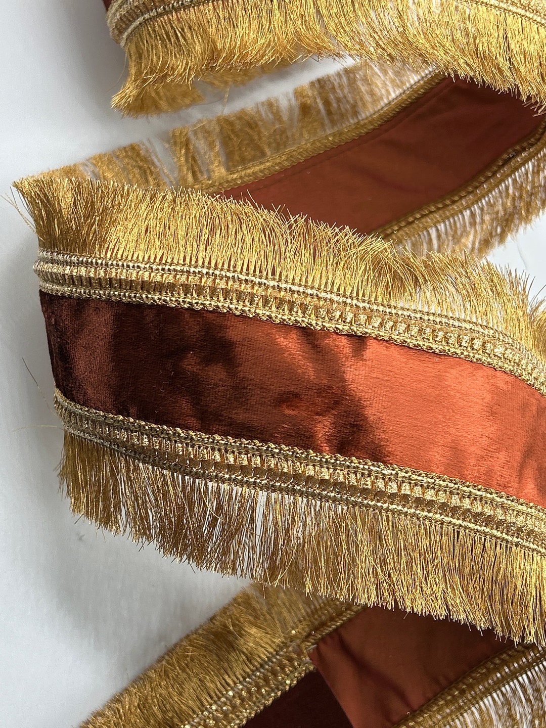 4" Copper / Rust Velvet Ribbon ~ Smooth Velvet Ribbon ~ Gold Fringe ...