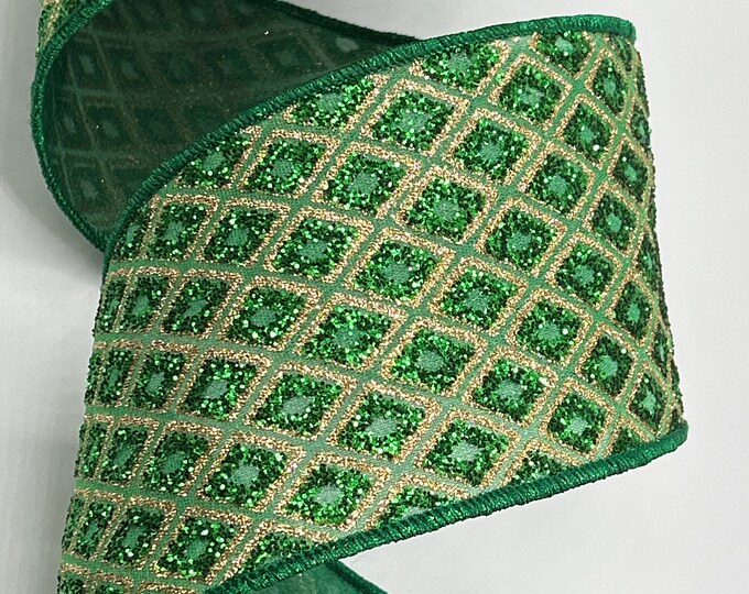 4" Green Gold Glittered Diamond Ribbon ~ Wired Edges ~ Farrisilk ~ 10 ...
