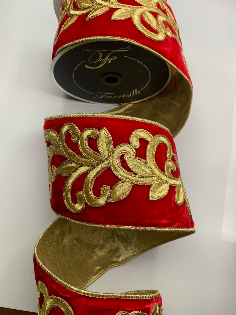 4" Red Velvet ~ Gold ~ Royal Embroidery ~ Wired Edges ~ Designer Ribbon ...
