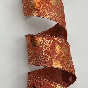 2.5" Rust Linen Ribbon ~ Raised Metallic Copper Leaves ~ Wired Edges ...
