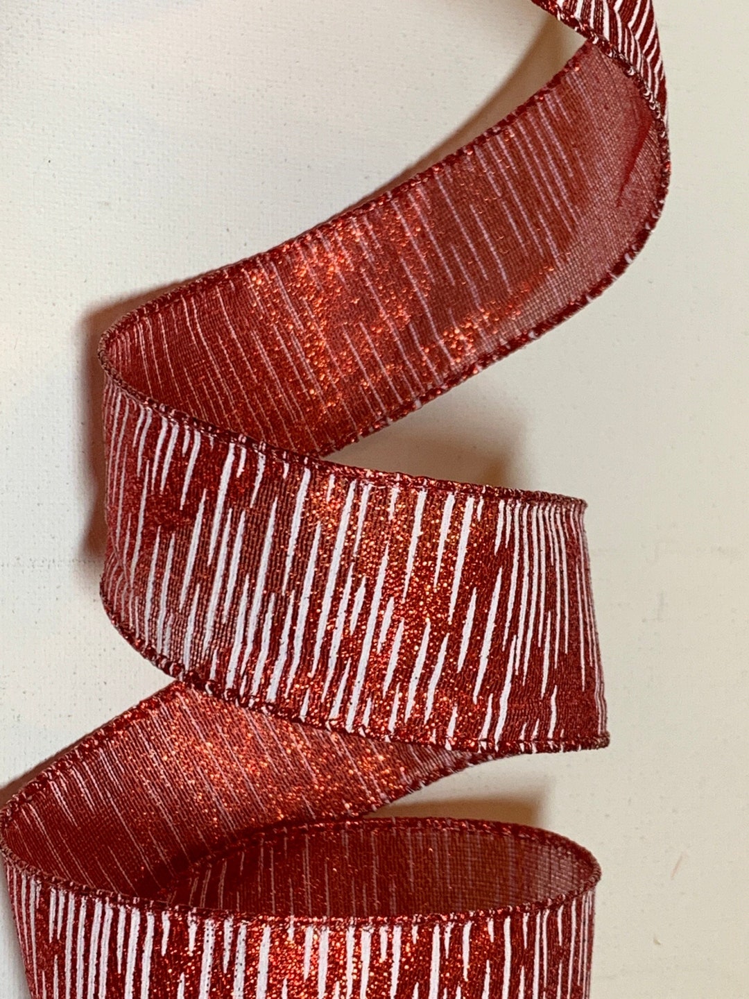 1.5 Red Metallic Ribbon White Lines Wired Ribbon - Etsy UK